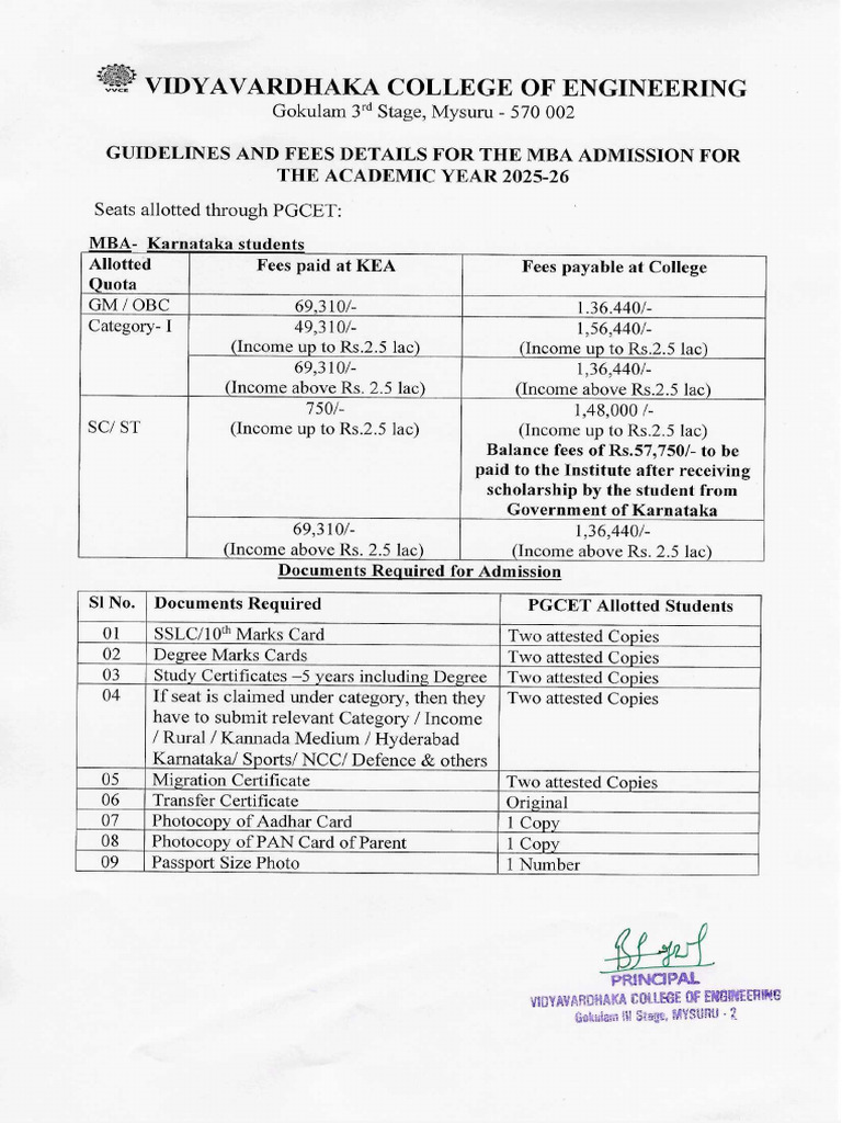 MBA PG Fees - 2025-26 | PDF