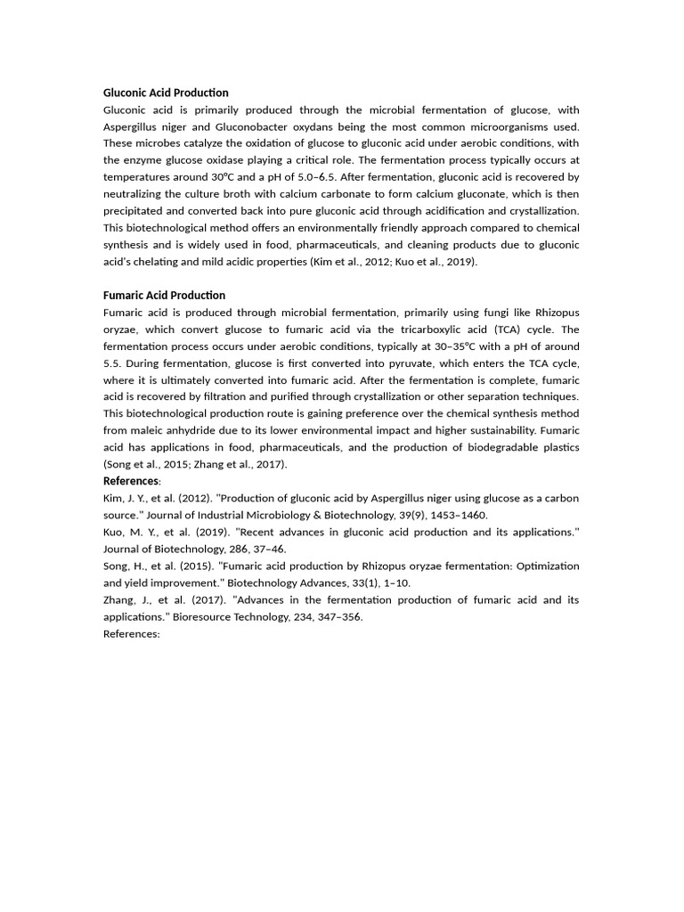 Production of Gluconic Acid and Fumaric Acid | PDF | Fermentation | Glucose