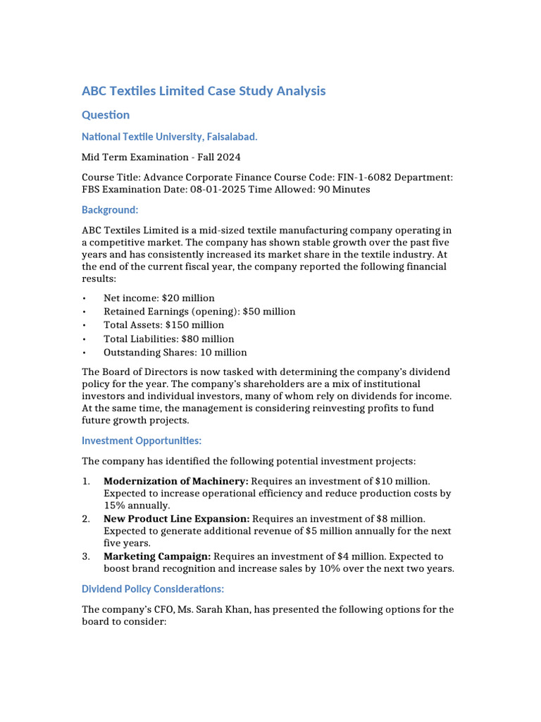 ABC Textiles Case Study Analysis Revised | PDF | Dividend | Debt