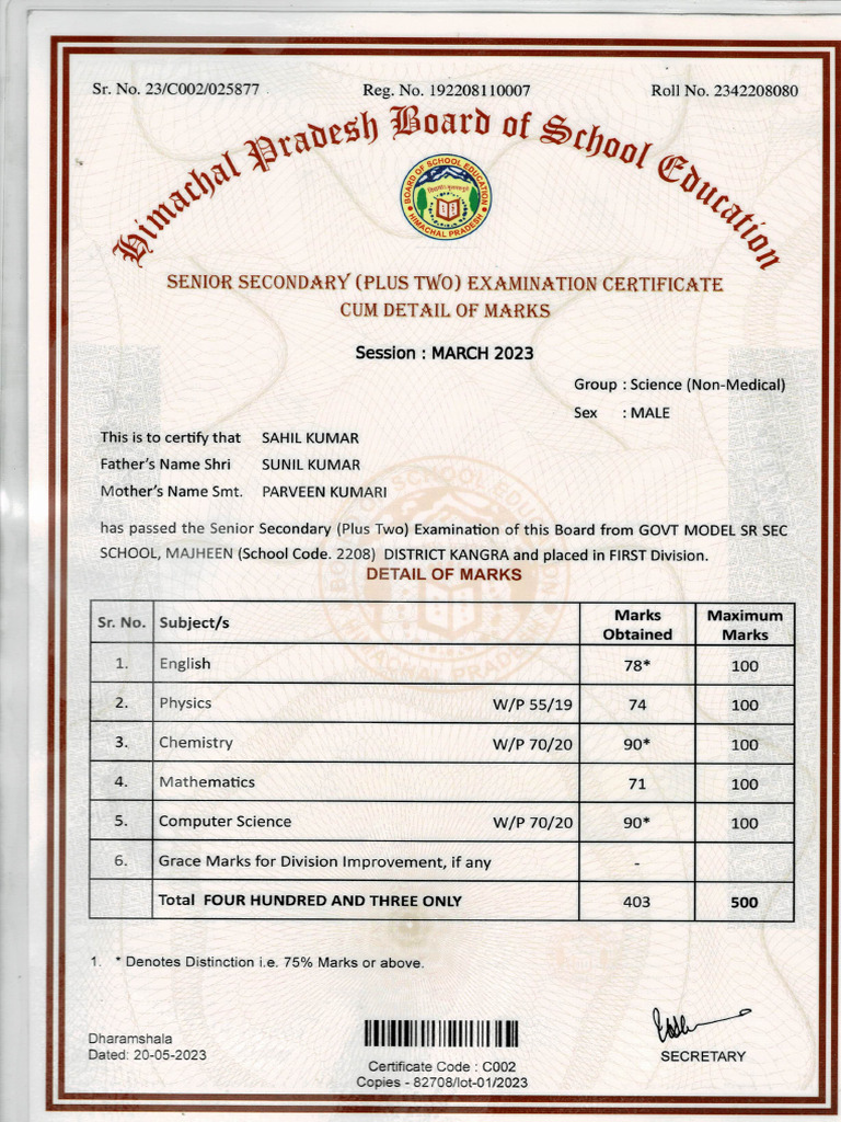 12th Marksheet | PDF