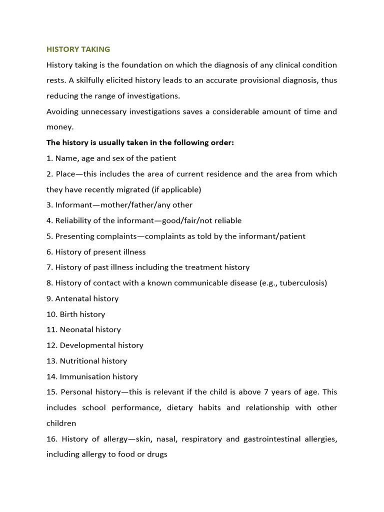 History Taking Format Details VVI | PDF | Physical Examination ...