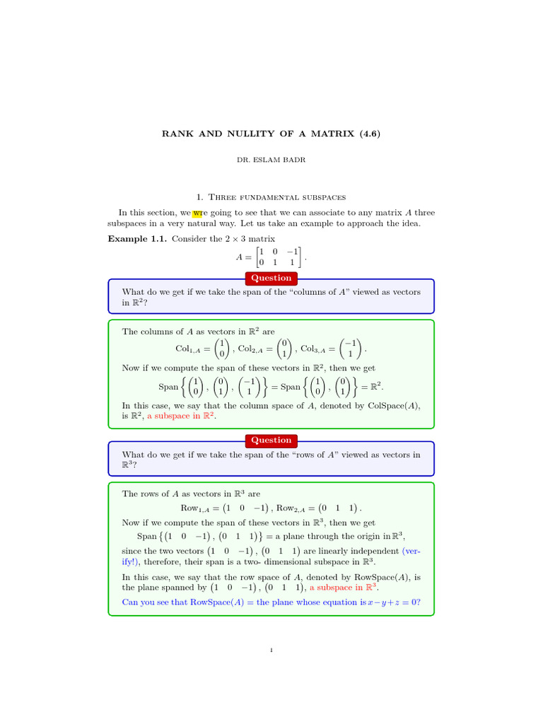 Rank and Nullity of a Matrix 4 6 | PDF | Linear Subspace | Mathematical ...