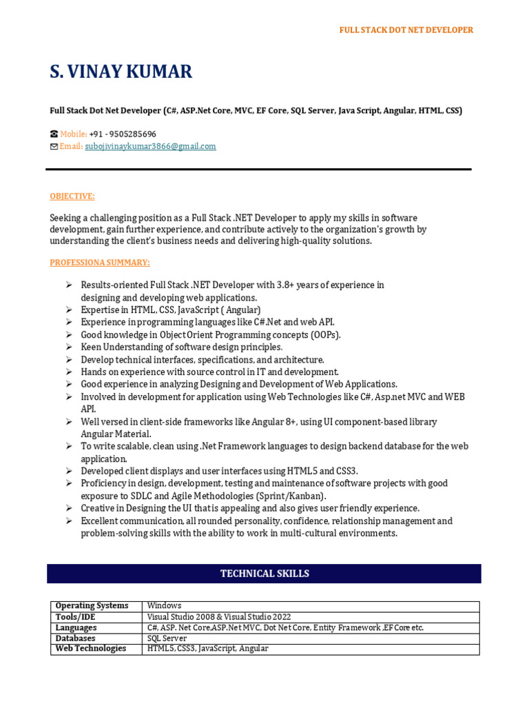 Full Stack .NET Developer Profile | PDF | Software Development | World ...