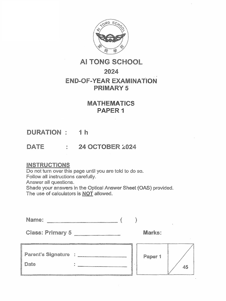Primary 5 Math Exam Paper 2024 | PDF