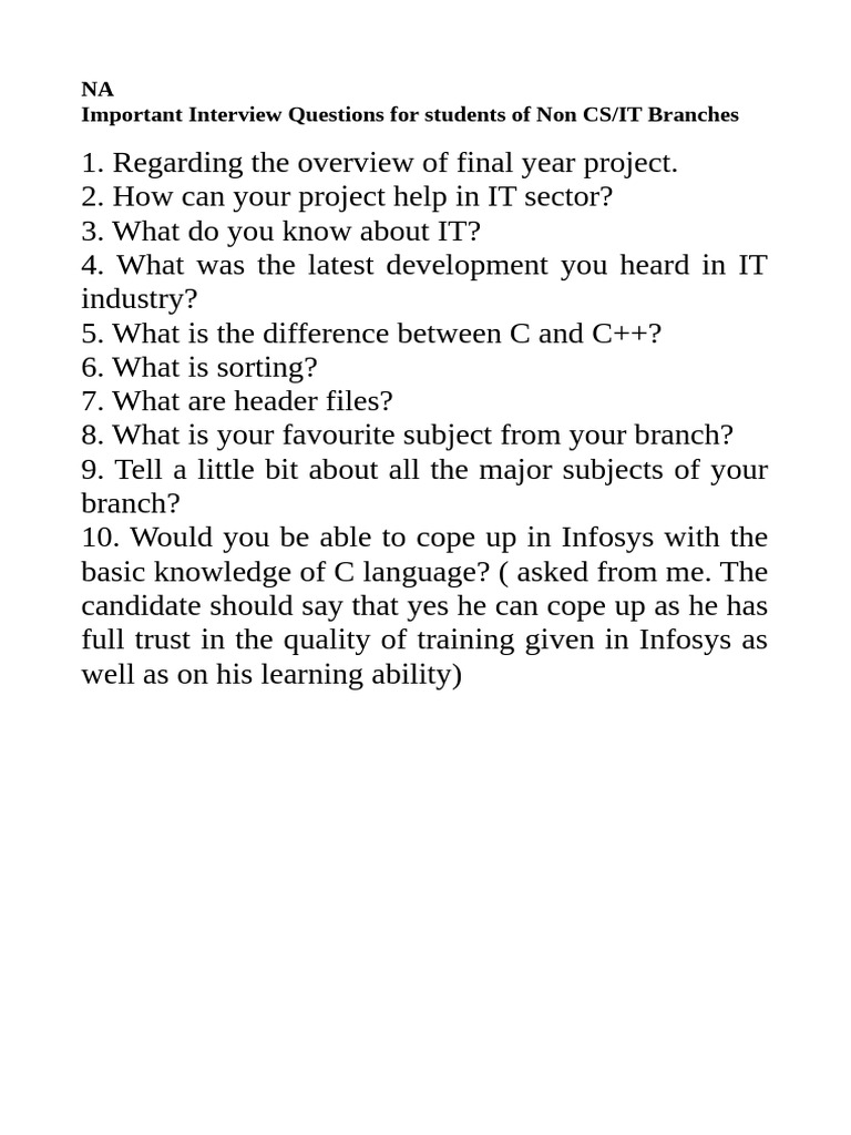 Key Interview Questions for Non-CS Students | PDF