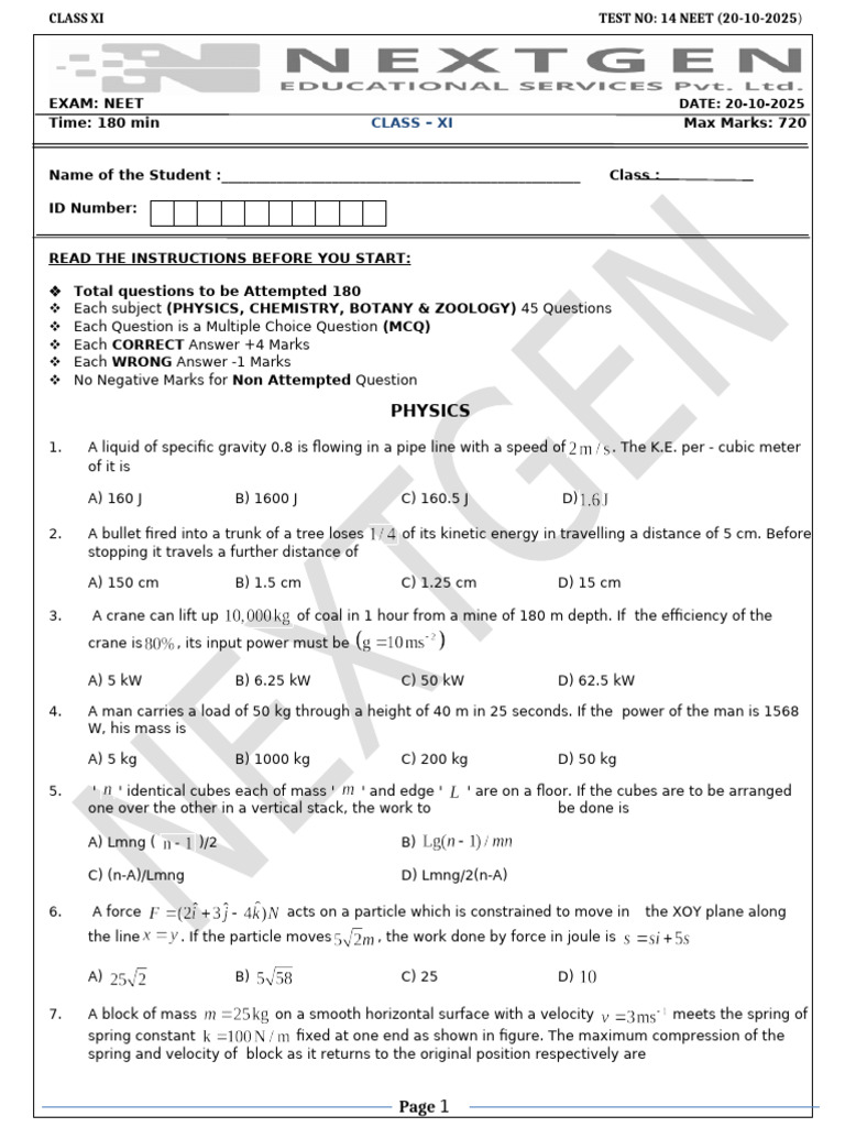 NEET Class XI Test Paper 2025 | PDF | Nervous System | Central Nervous ...