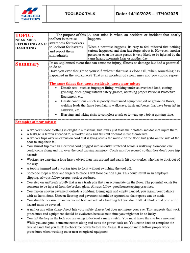 Near Miss Reporting Toolbox Talk | PDF | Occupational Safety And Health ...