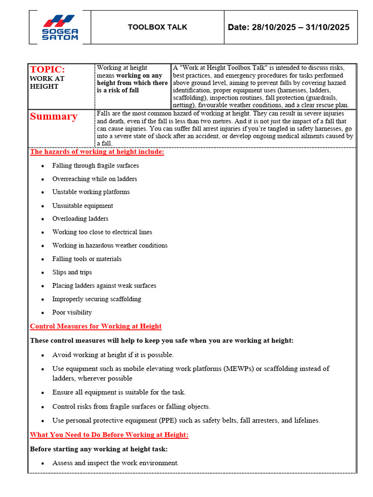 Working at Height Safety Guidelines | PDF | Occupational Safety And ...