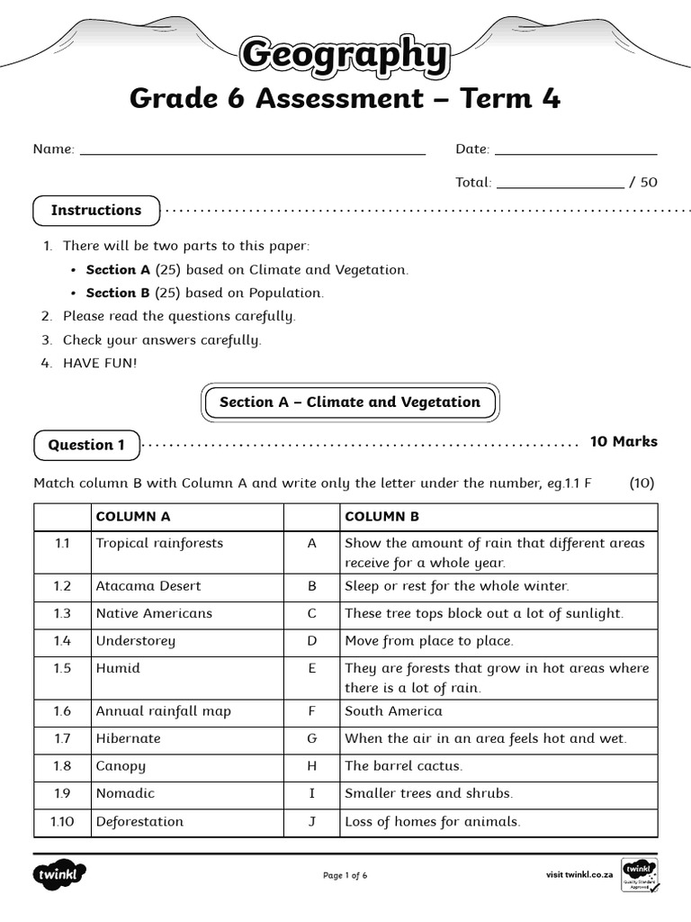 Grade 6 Geography Exam Term 4 BW | PDF | Rainforest | Forests