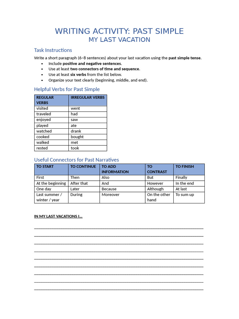 Past Simple Writing Activity: Vacation | PDF