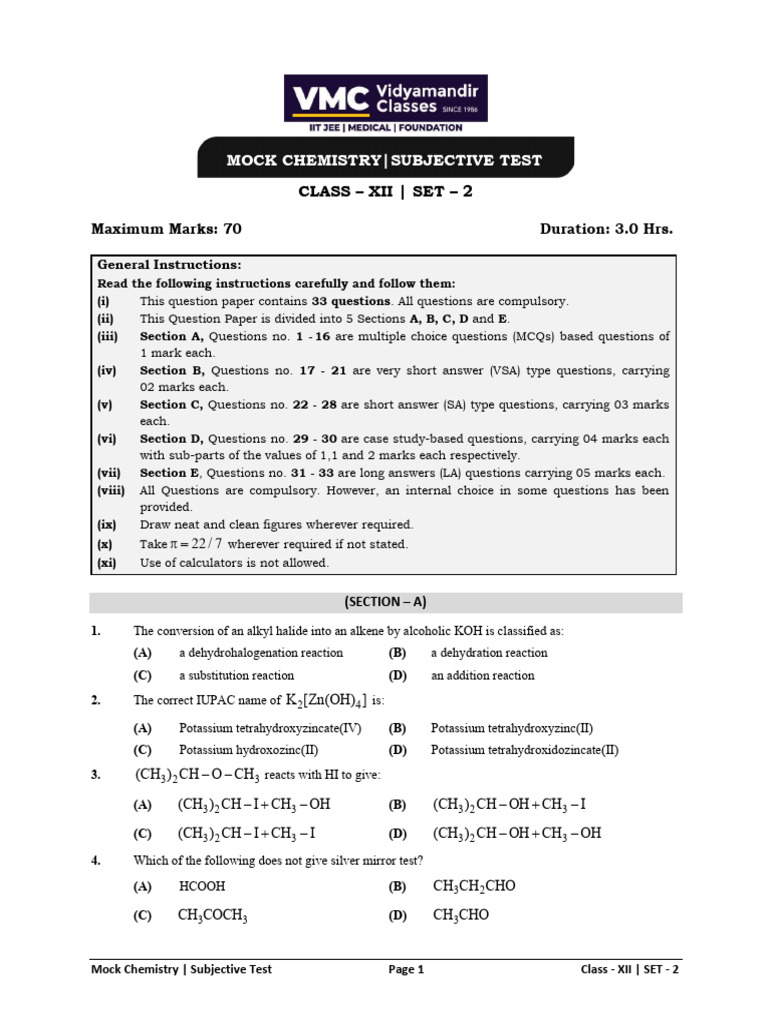 Class XII Chemistry Mock Test Set 2 | PDF | Acid | Redox