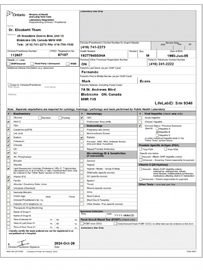 2024-Oct-26 Laboratory Requisition Ontario | PDF