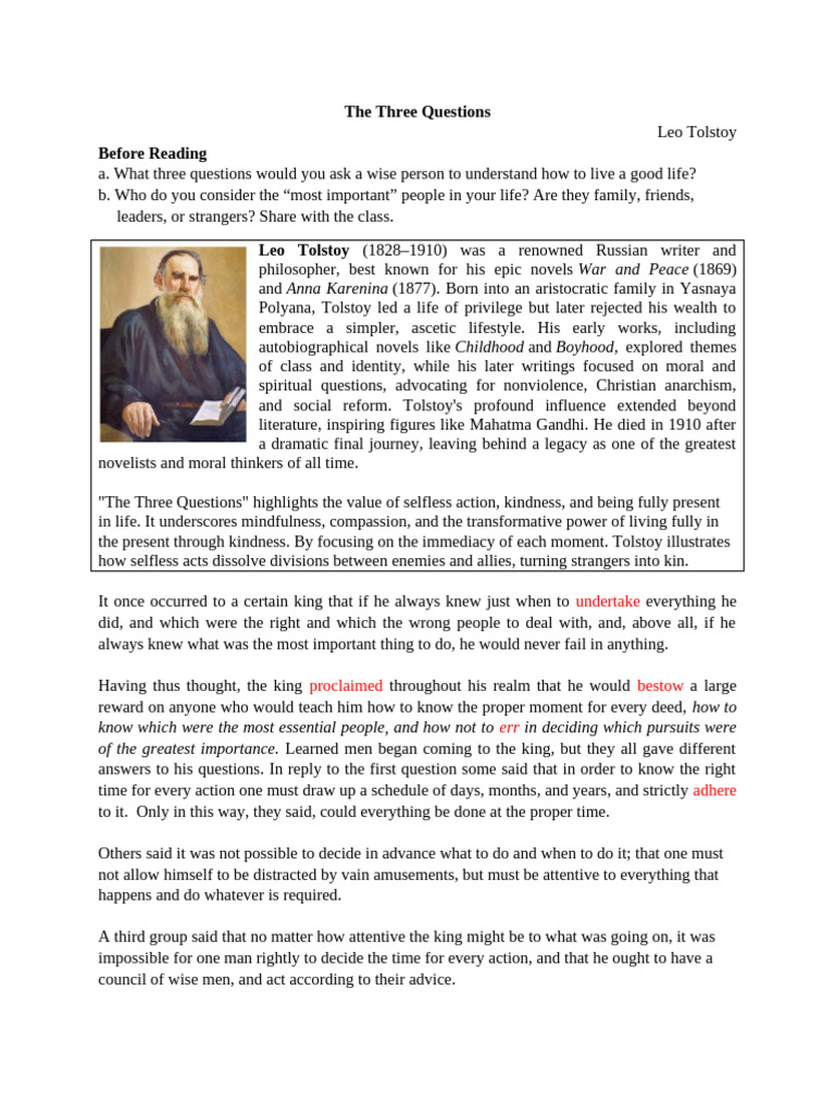 Tolstoy's Three Questions Explained | PDF | Leo Tolstoy
