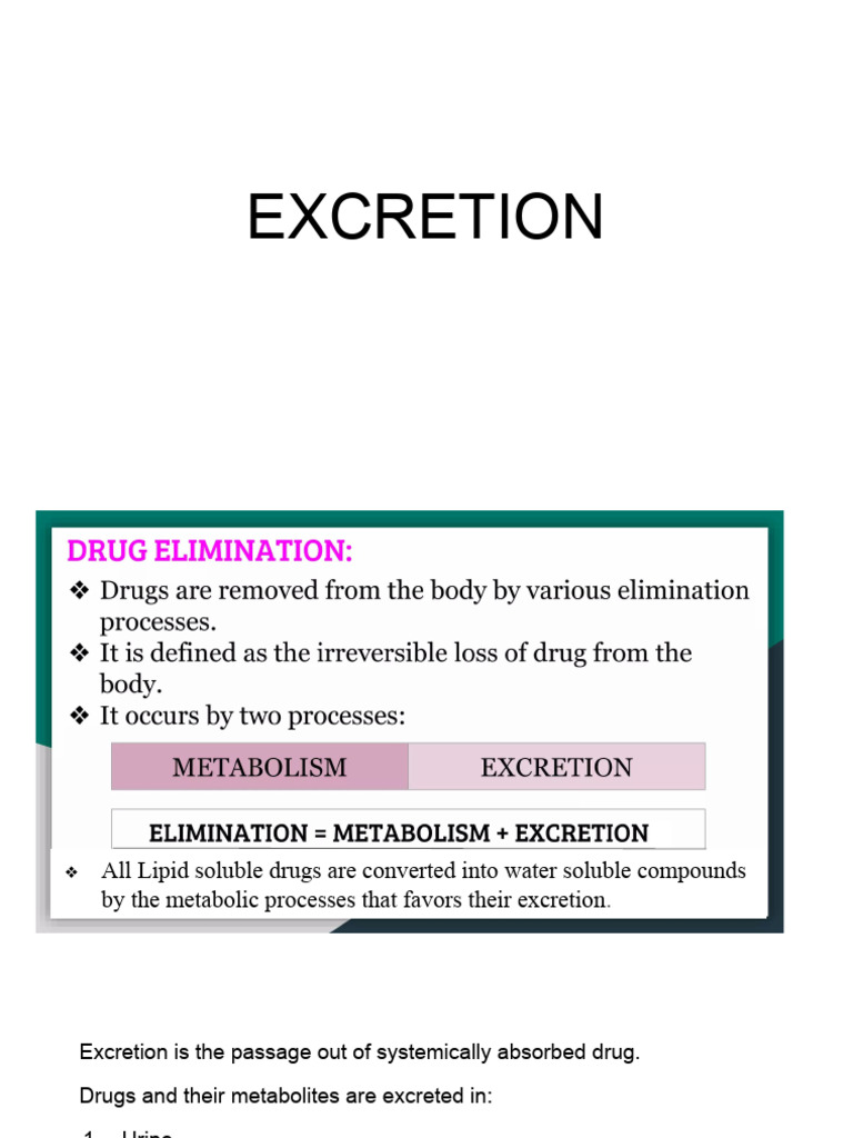 DRUG EXCRETION Pharmacology Pharmacokinetics | PDF | Pharmacokinetics ...