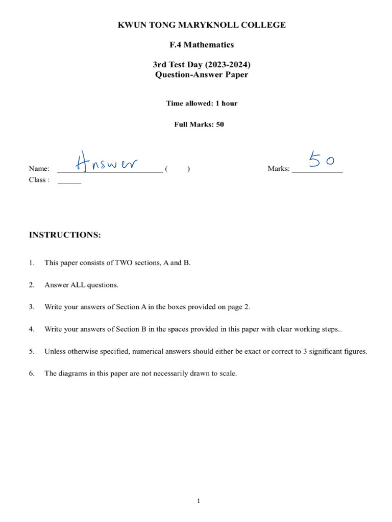 F.4 Mathematics 3rd Test Paper 2023-2024 | PDF | Elementary Mathematics ...