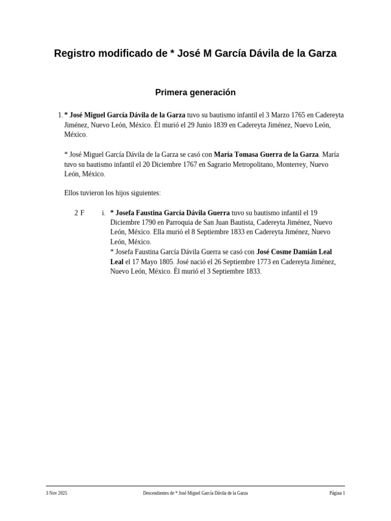 Registro Modificado de José M García Dávila de La Garza: Primera ...