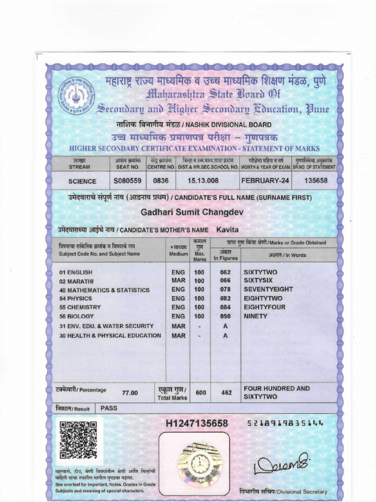 12th Marksheet | PDF