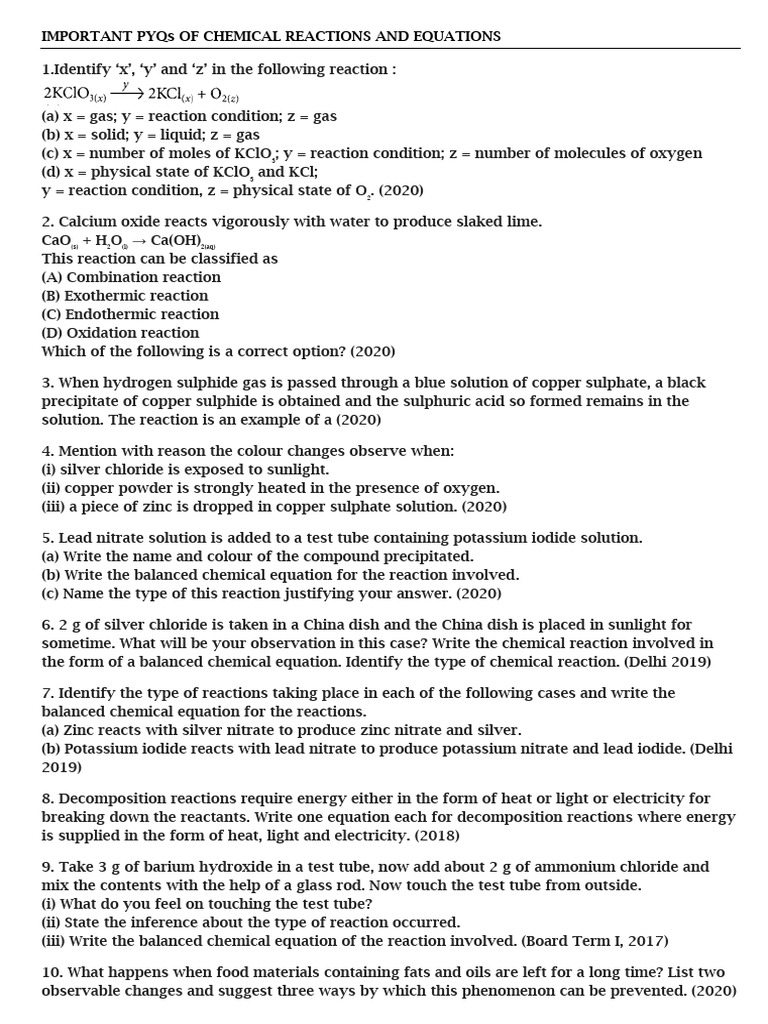 Important Pyqs of Chemical Reactions and Equations | PDF | Chemical Reactions | Precipitation ...