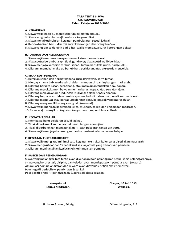 Tata Tertib Siswa MA Tanwiriyyah 2025 | PDF