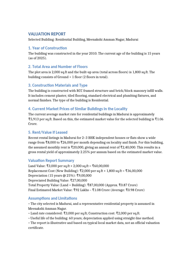 Valuation Report for Madurai Residential Building | PDF | Real Estate ...