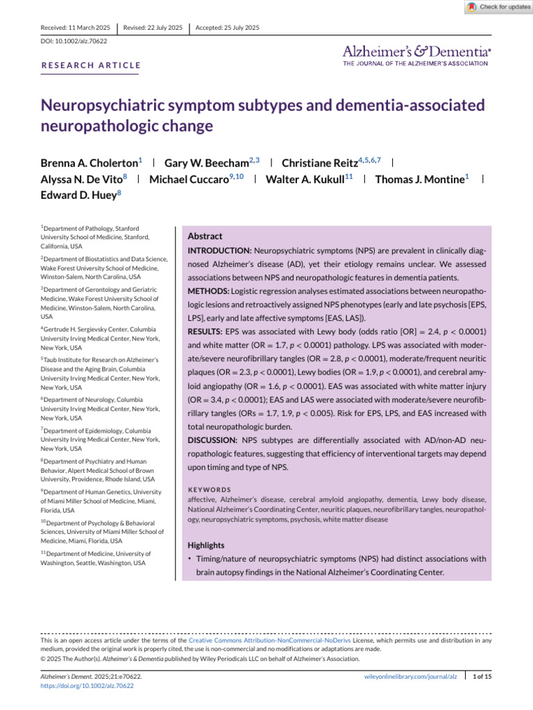 Alzheimer S Dementia - 2025 - Cholerton - Neuropsychiatric Symptom ...