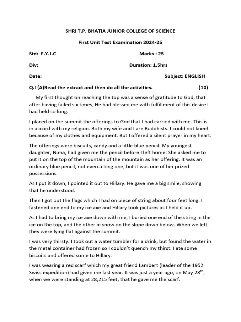 F.Y.J.C English Unit Test 2024-25 | PDF | Poetry | Stanzaic Form