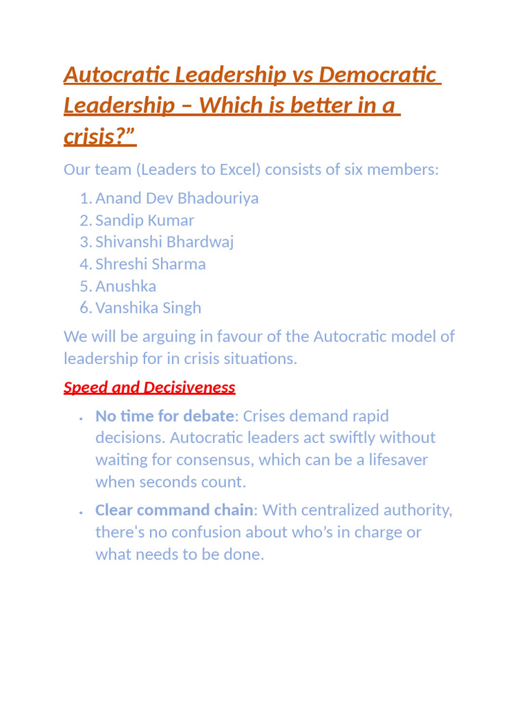 Autocratic Leadership in Crisis Situations | PDF | Leadership | Justice