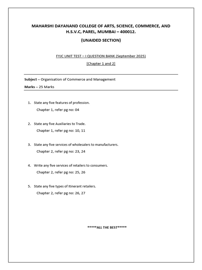 FYJC Commerce Question Bank 2025 | PDF
