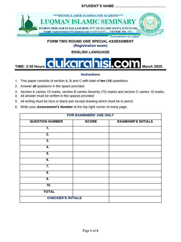 f2 English Special Exam Mar 2025 | PDF