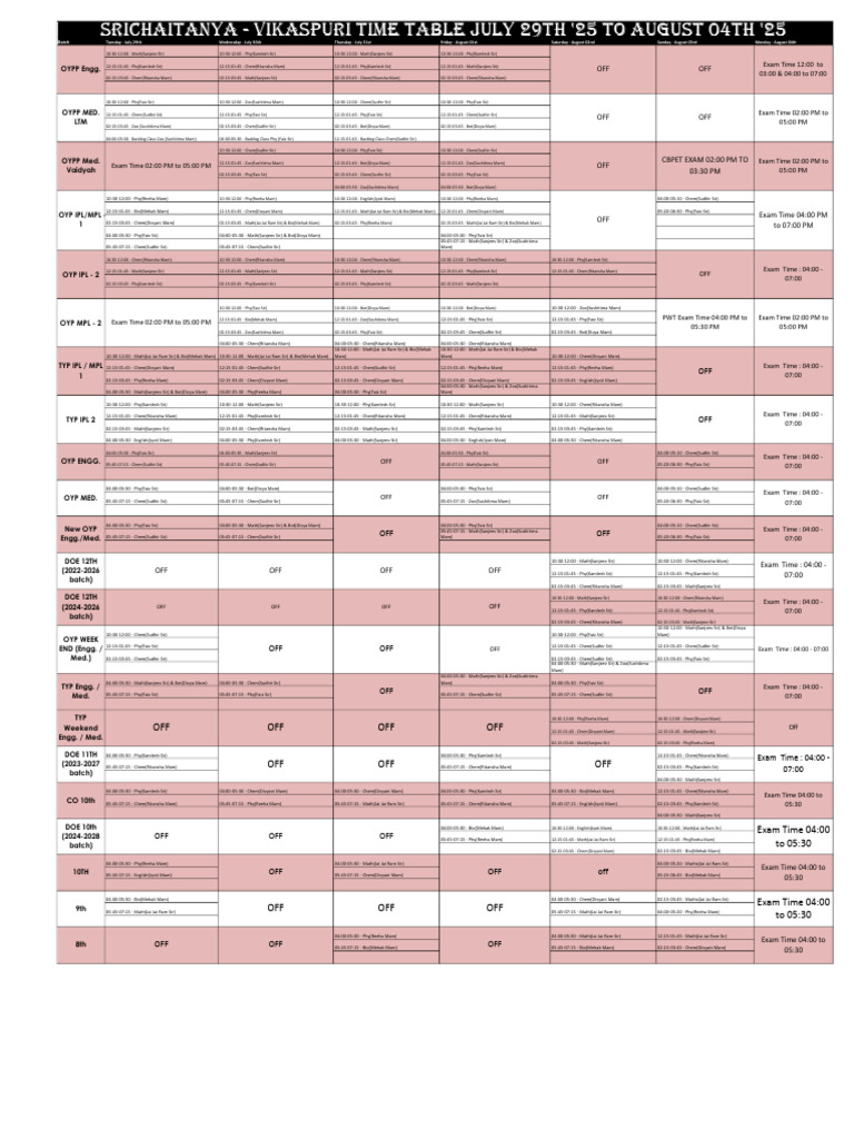 Time Table - July 29th, 2025 To August 04th, 2025 | PDF
