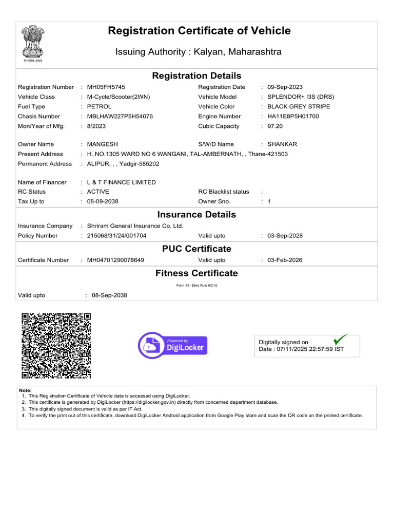 Vehicle Registration Certificate - MH05FH5745 | PDF