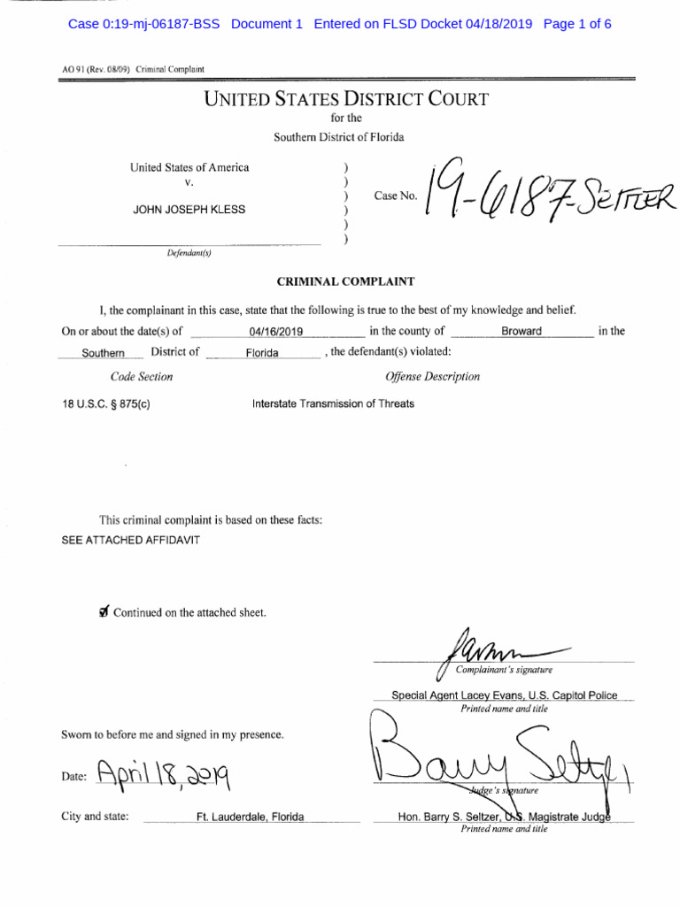 John Kless Criminal Complaint - 1 - Ver1.0 | PDF | Legal Procedure ...