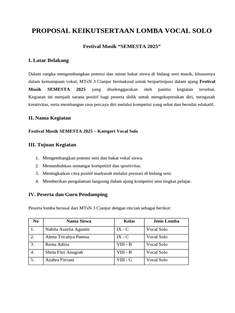 Proposal Lomba Vocal Solo SEMESTA 2025 | PDF