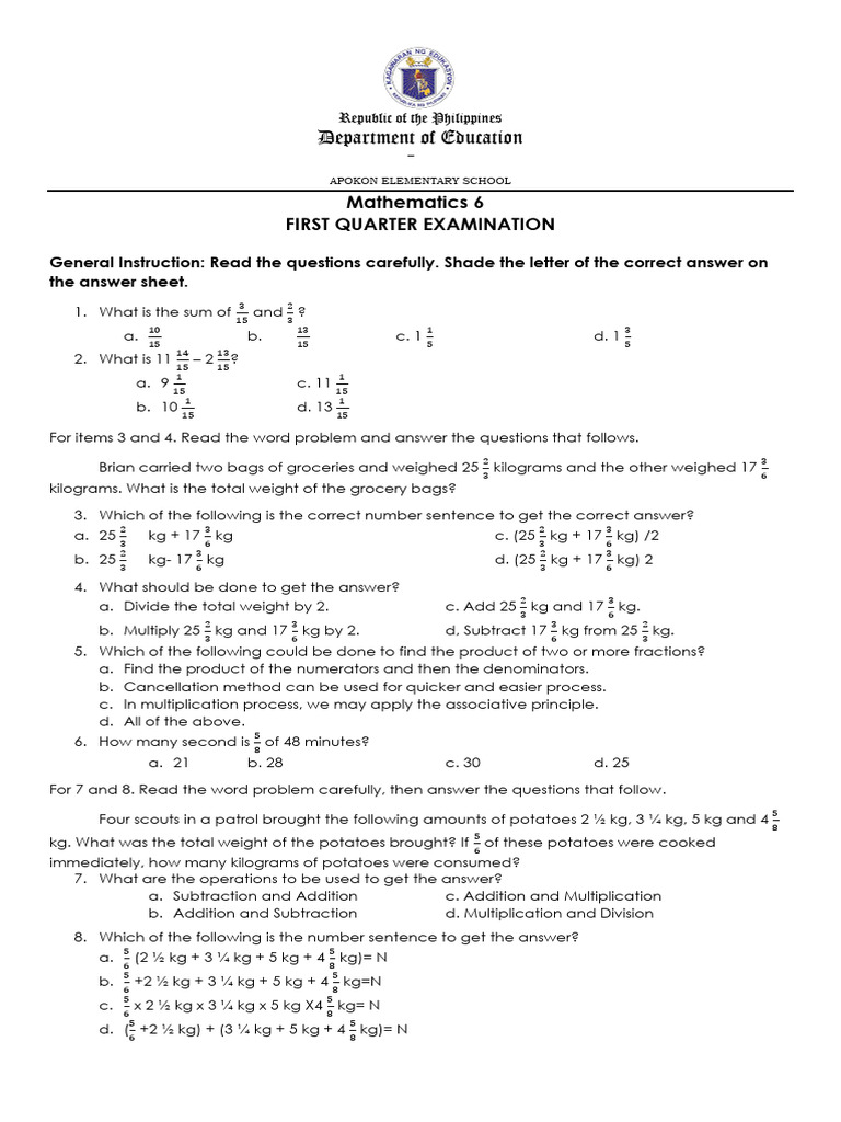 First Quarter Exam Math 6 Sy2025 2026 | PDF | Division (Mathematics ...