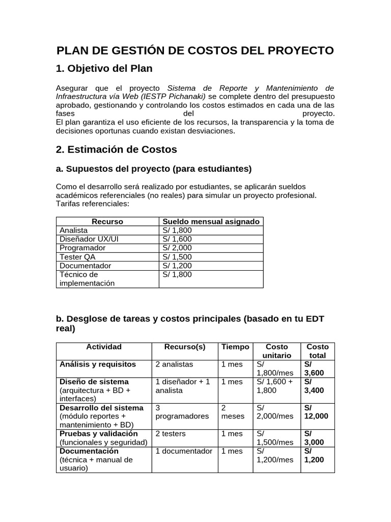 Plan de Gestión de Costos Del Proyecto | PDF | Presupuesto ...