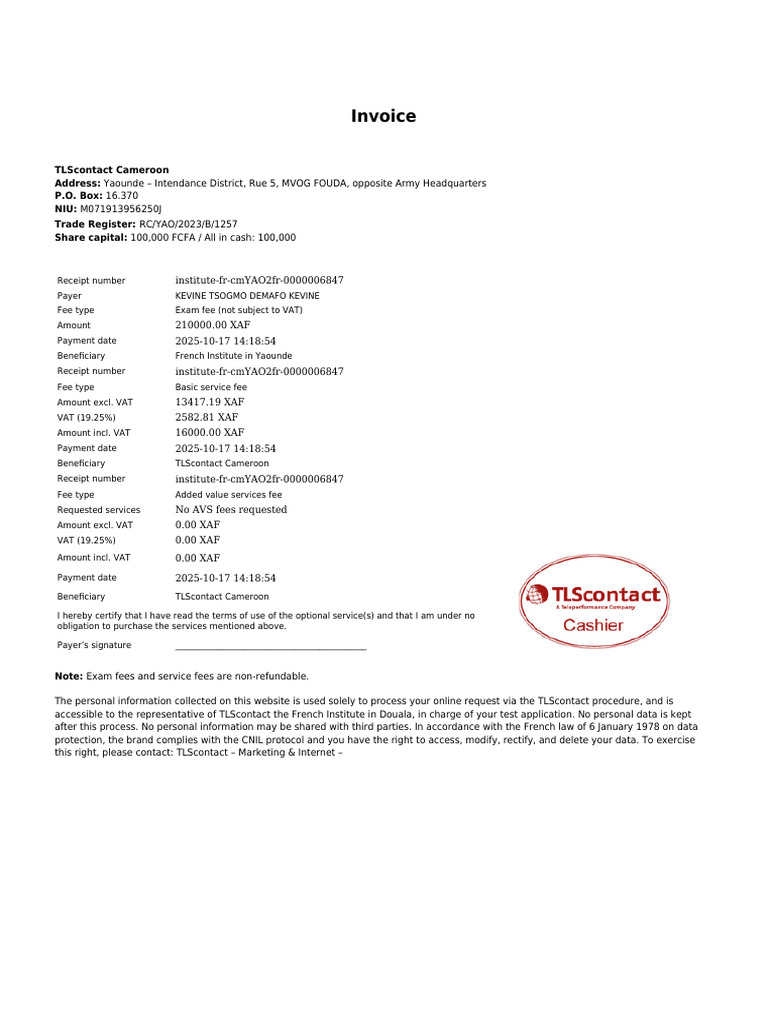 Receipt Institute FR CmYAO2fr 0000006847 | PDF