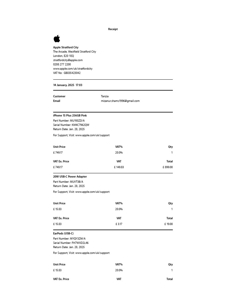 Apple Receipt for iPhone 15 Plus Purchase | PDF | Value Added Tax | Receipt