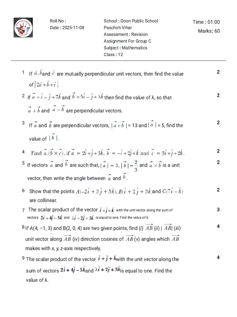 Group C Revision Assignment - Vectors and 3D | PDF | Euclidean Vector | Line (Geometry)