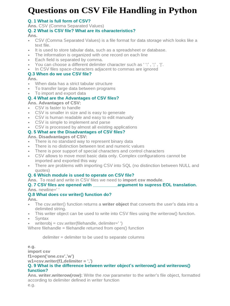 Questions On CSV File Handling in Python | PDF | Comma Separated Values | Data