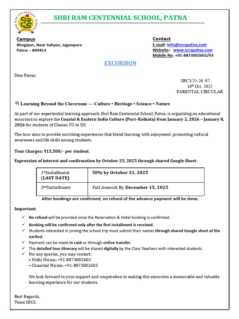 SRCS Educational Excursion to Eastern India | PDF