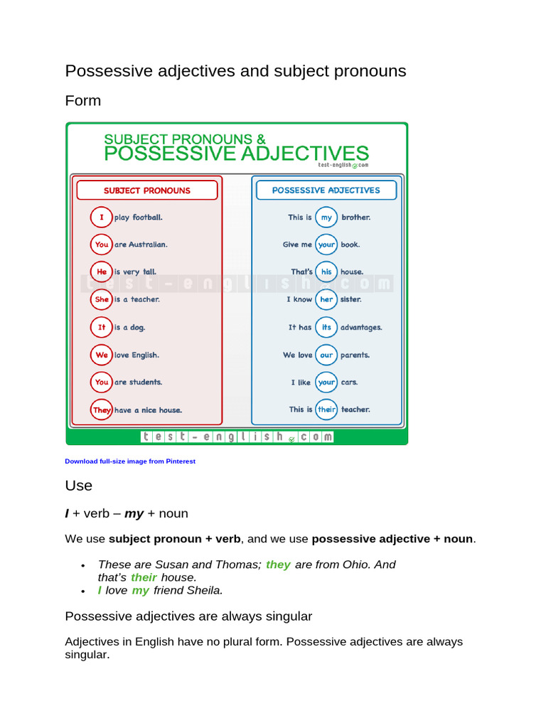 Subject Pronouns and Possessive Adjectives | PDF | Grammatical Number ...