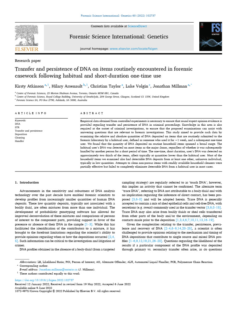 Transfer and Persistence of DNA on Items Routinely Encountered in ...