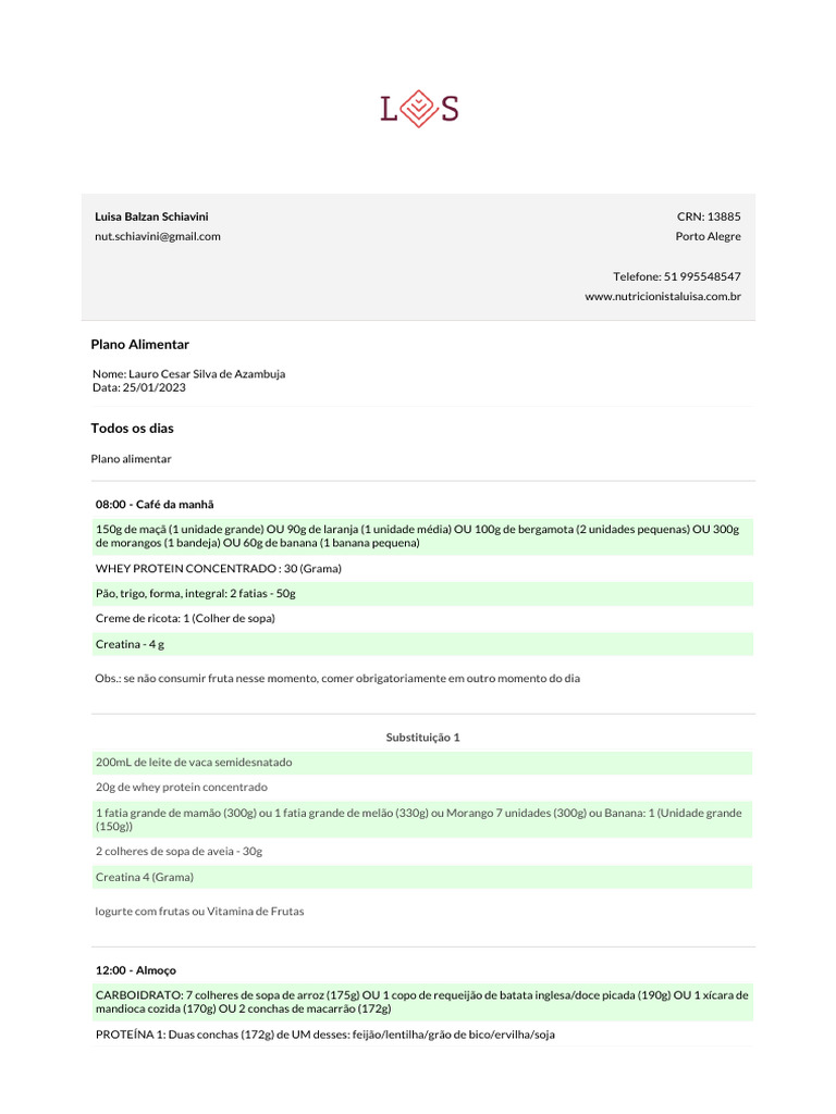 Plano Alimentar de Lauro Cesar Silva de Azambuja | PDF | Soja | Culinária