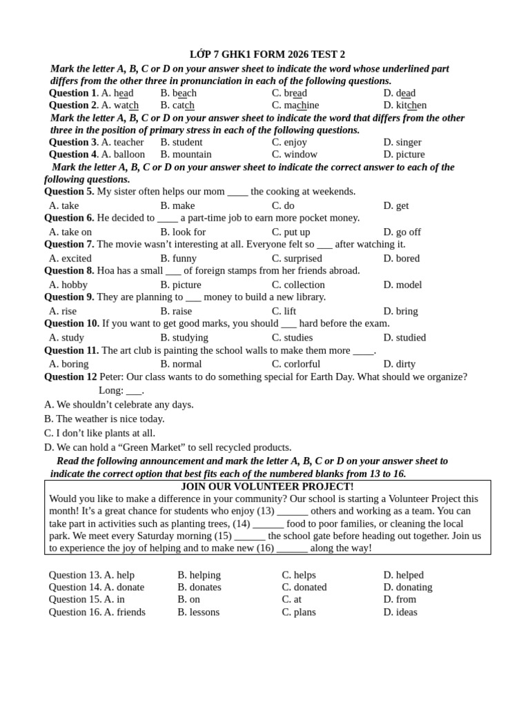Lớp 7 Ghk1 Form 2026 Test 2 | PDF | Pet | Educational Technology