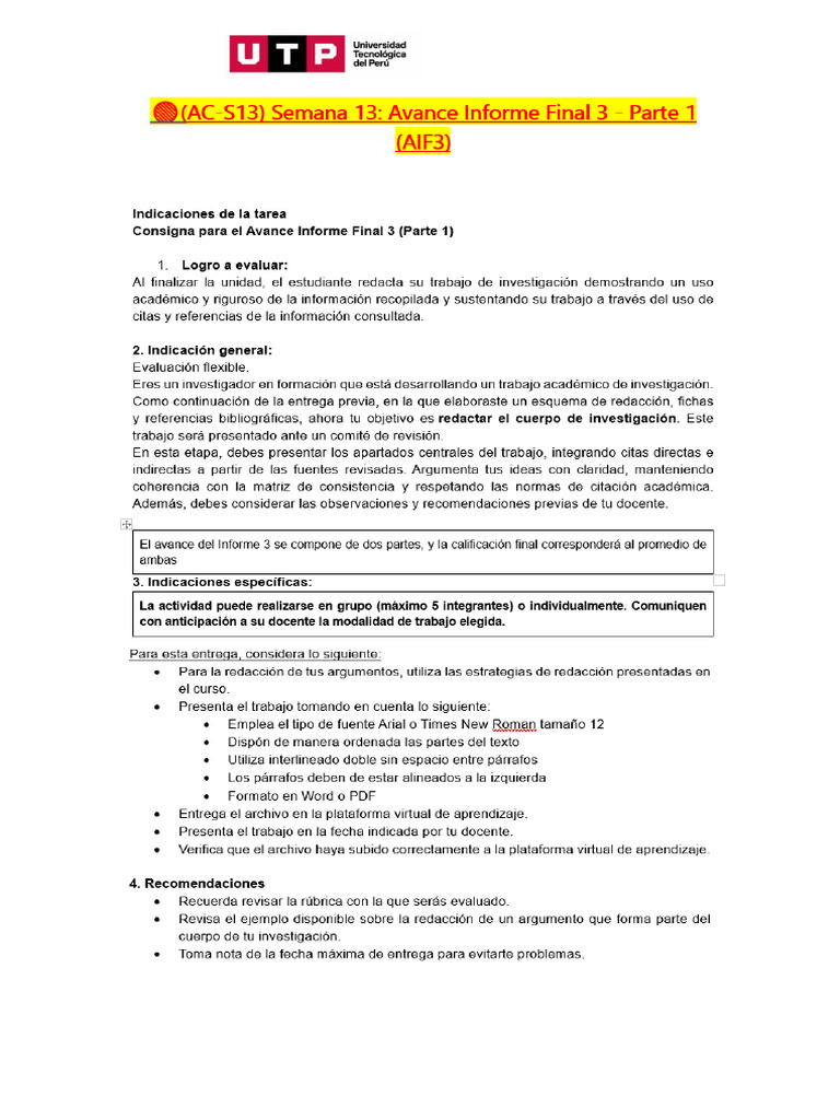 ?(AC-S13) Semana 13 Avance Informe Final 3 - Parte 1 (AIF3) - INVESTIGACION ACADEMICA | PDF ...
