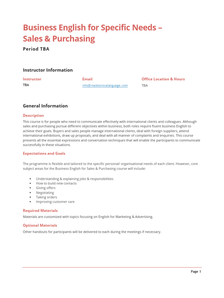 Business English For Specific Needs Syllabus Sales Purchasing | PDF ...
