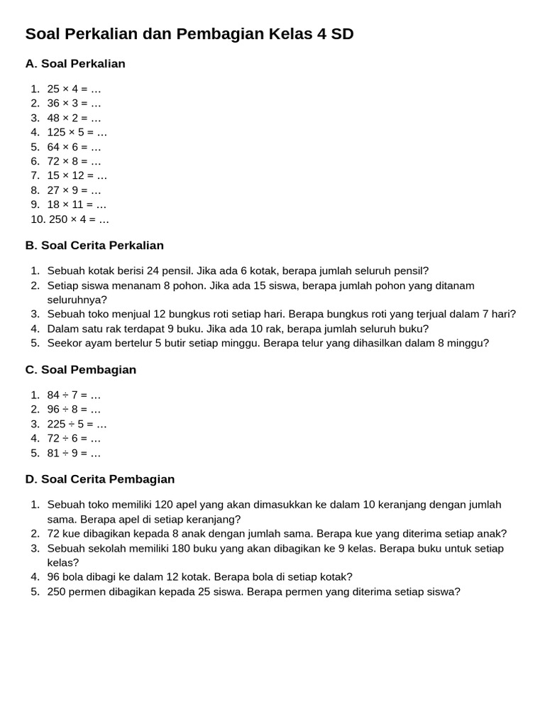 Soal Perkalian Dan Pembagian Kelas 4 SD | PDF