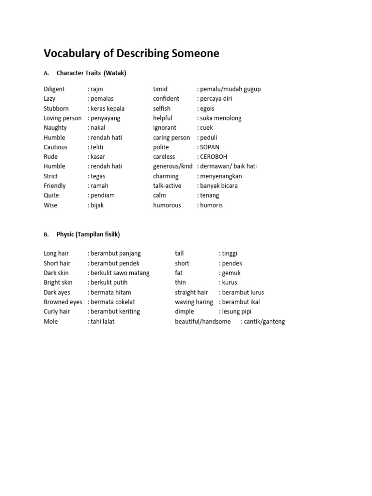 Vocabulary for Describing People | PDF