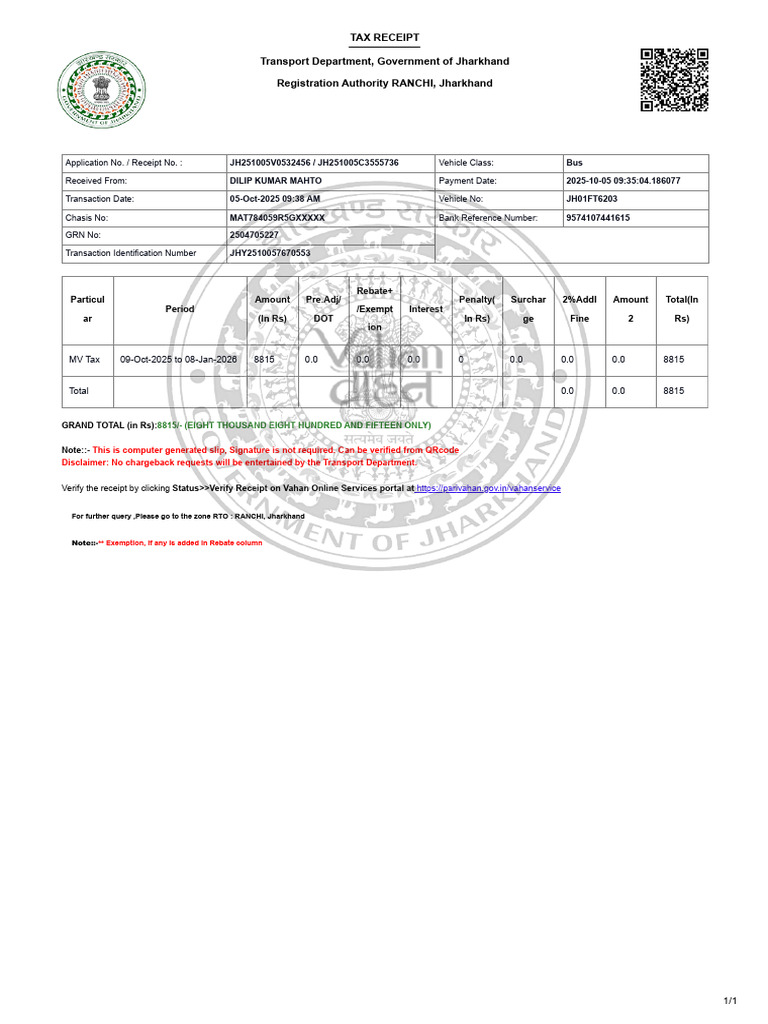 Ayush Bus Services Tax 6203 8jan | PDF | Receipt | Payments