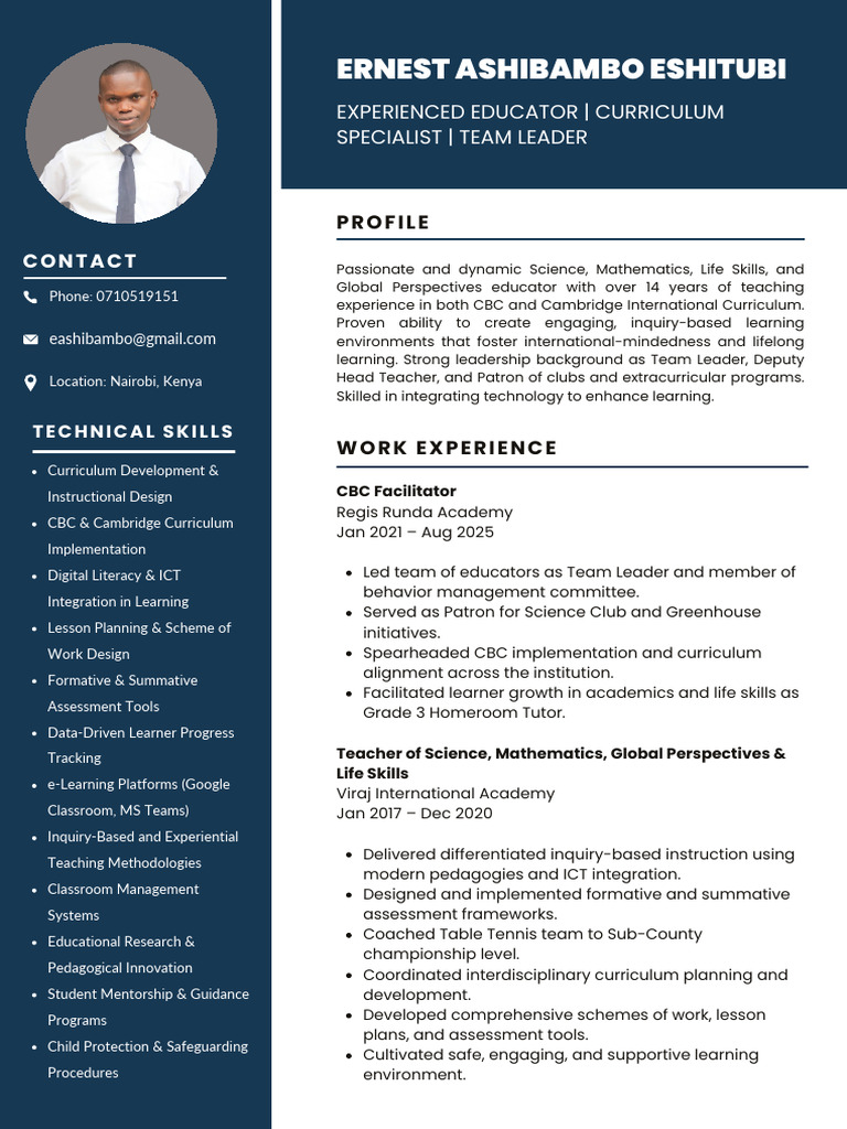 Ernest Ashibambo Eshitubi - CV 2025 | PDF | Teachers | Mentorship